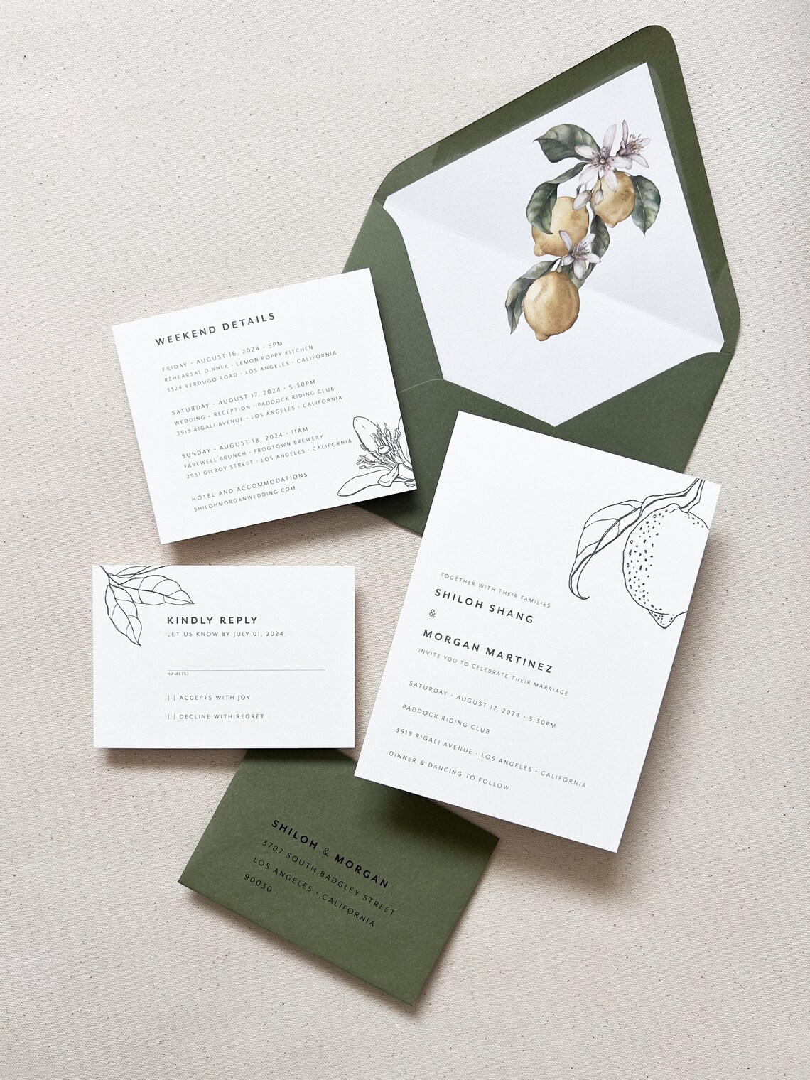 Citrus Invitation Package Sage Olive Green Wedding Invitations Lemons ...