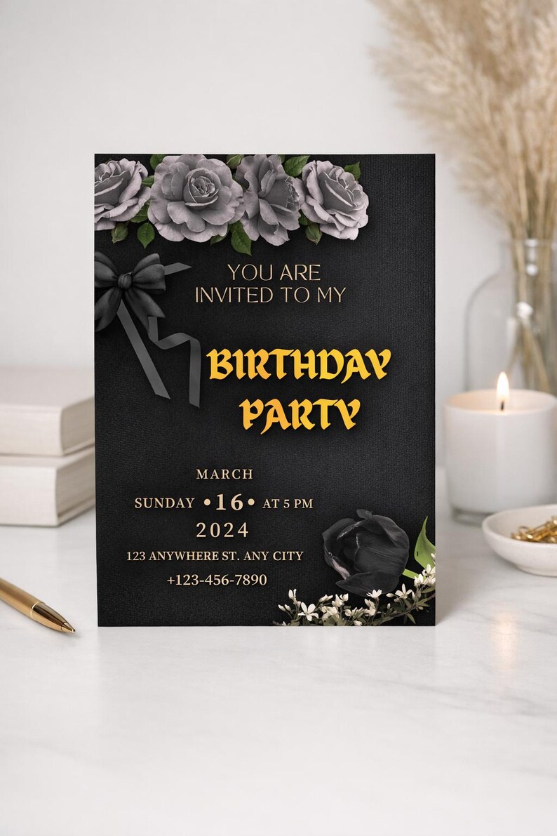 Birthday Invitation Card Template – Editable Black Birthday Invitation ...