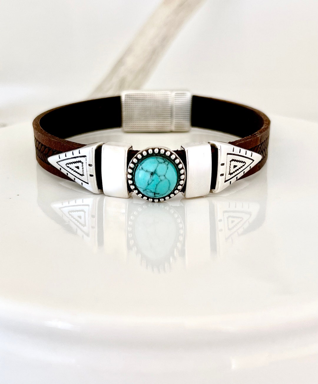 Men's Turquoise Leather Bracelet: Southwestern Braided Cuff - Etsy