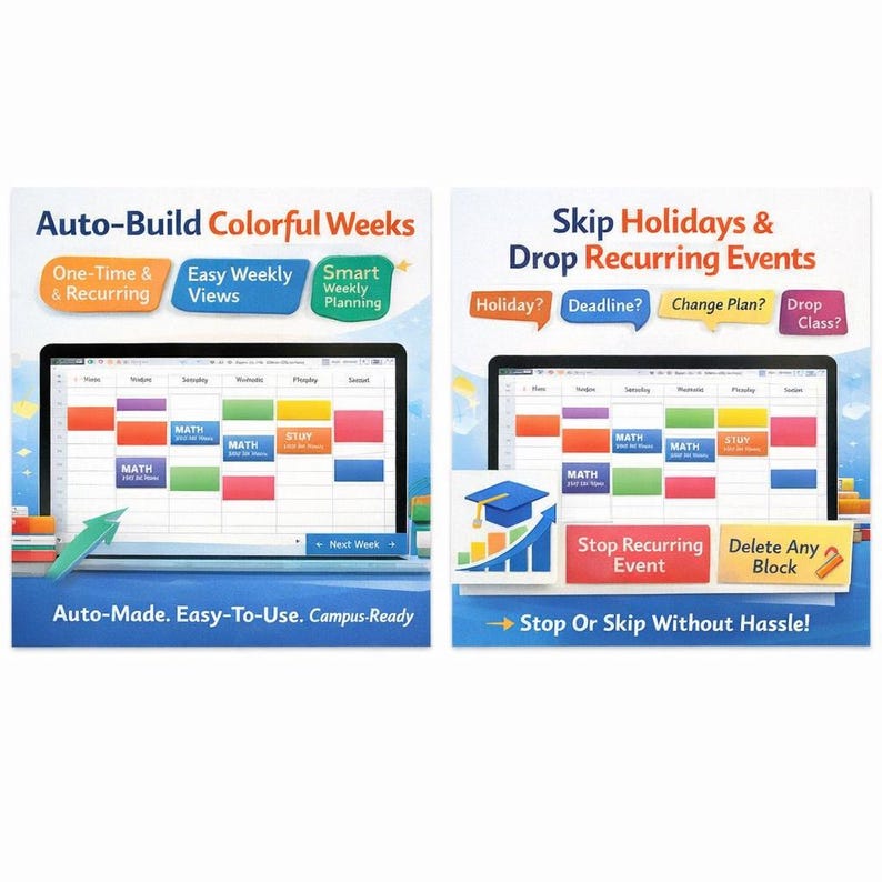 Weekly Schedule Excel Template (macro-enabled) • College Student Focus • Color‑coded Planner ...