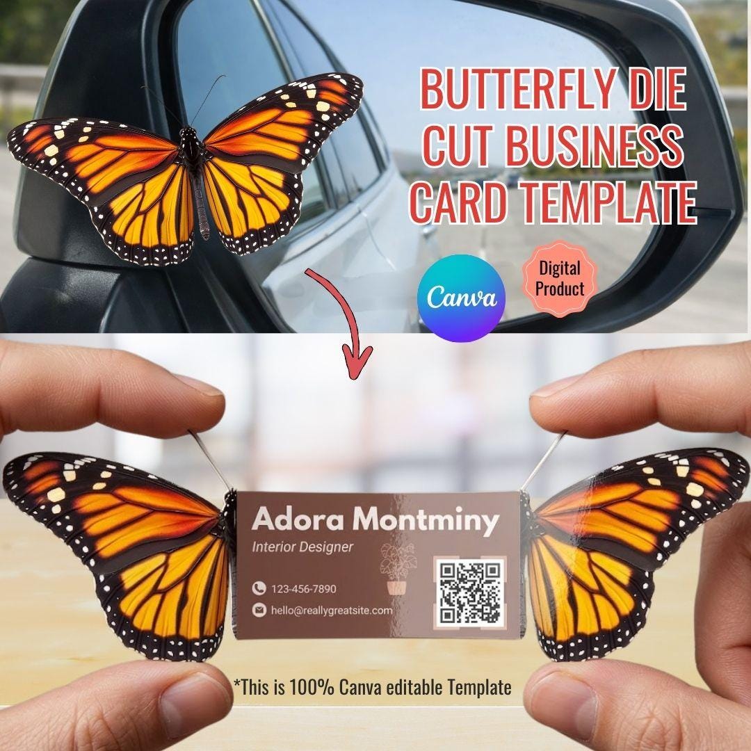 Butterfly Business Card Template | Die Cut Folded Design, QR Code ...