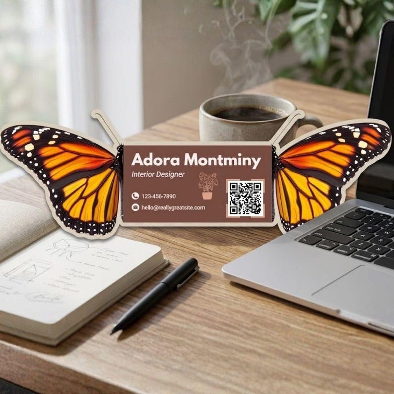 Butterfly Business Card Template | Die Cut Folded Design, QR Code ...