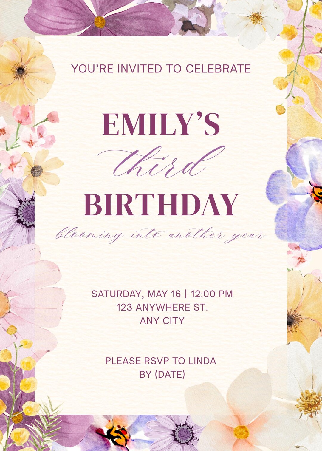 Floral Invitation Card/birthday Card/flowery Invite - Etsy