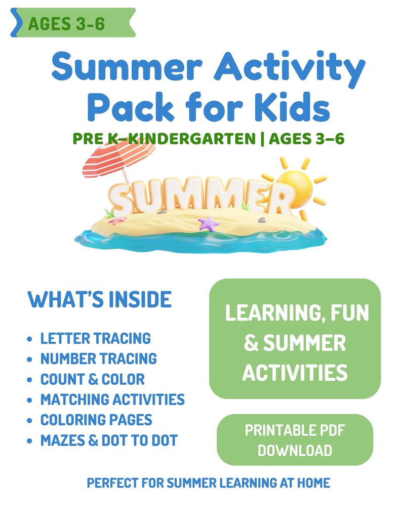 Prek Summer Activity Pack Printable | Preschool Worksheets Ages 3-6 ...