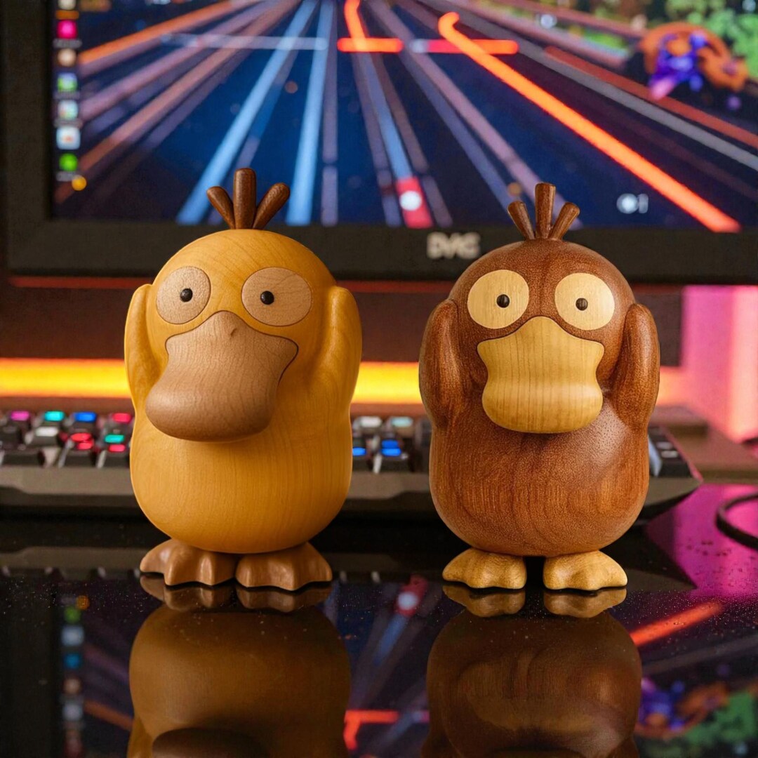 Handcrafted Wooden Psyduck Figurine, Cute Psyduck-inspired Desk ...