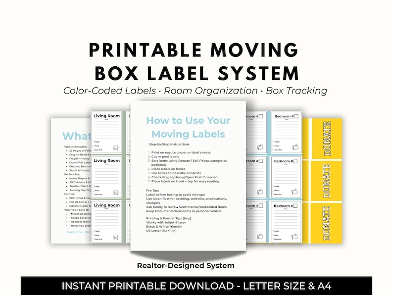 Color-coded Moving Labels & Box Organization System | Printable Moving ...