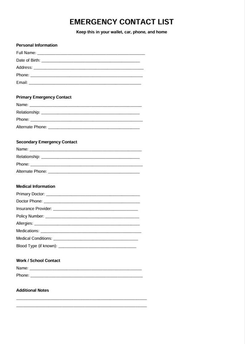 Emergency Contact List (printable) - Etsy