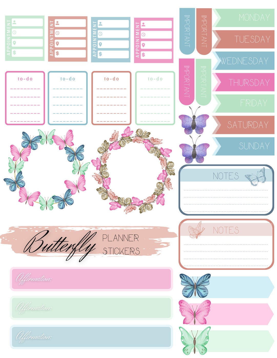 Butterfly Printable Sticker Sheet | Butterfly Planner Stickers | Bullet ...