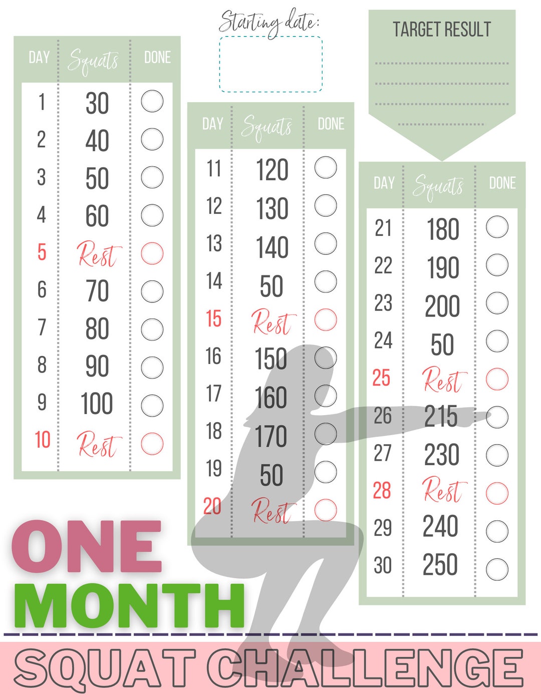 30 Squat Challenge Calendar - Printable PDF - Fitness Checklist - Etsy