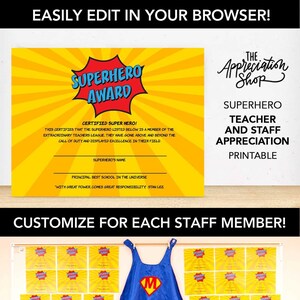 EDITABLE Superhero Award Teacher and Staff Appreciation Week Printables ...