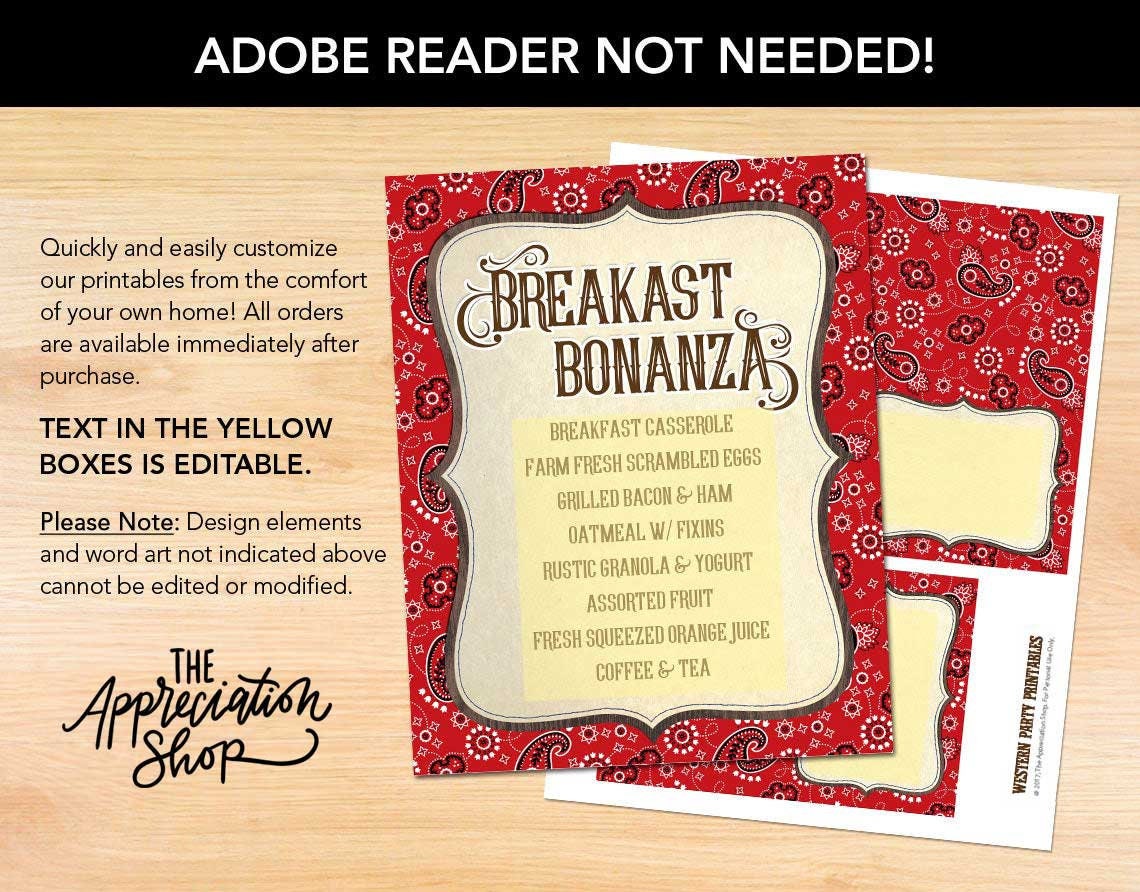 EDITABLE Breakfast Bonanza Printables Western Staff - Etsy