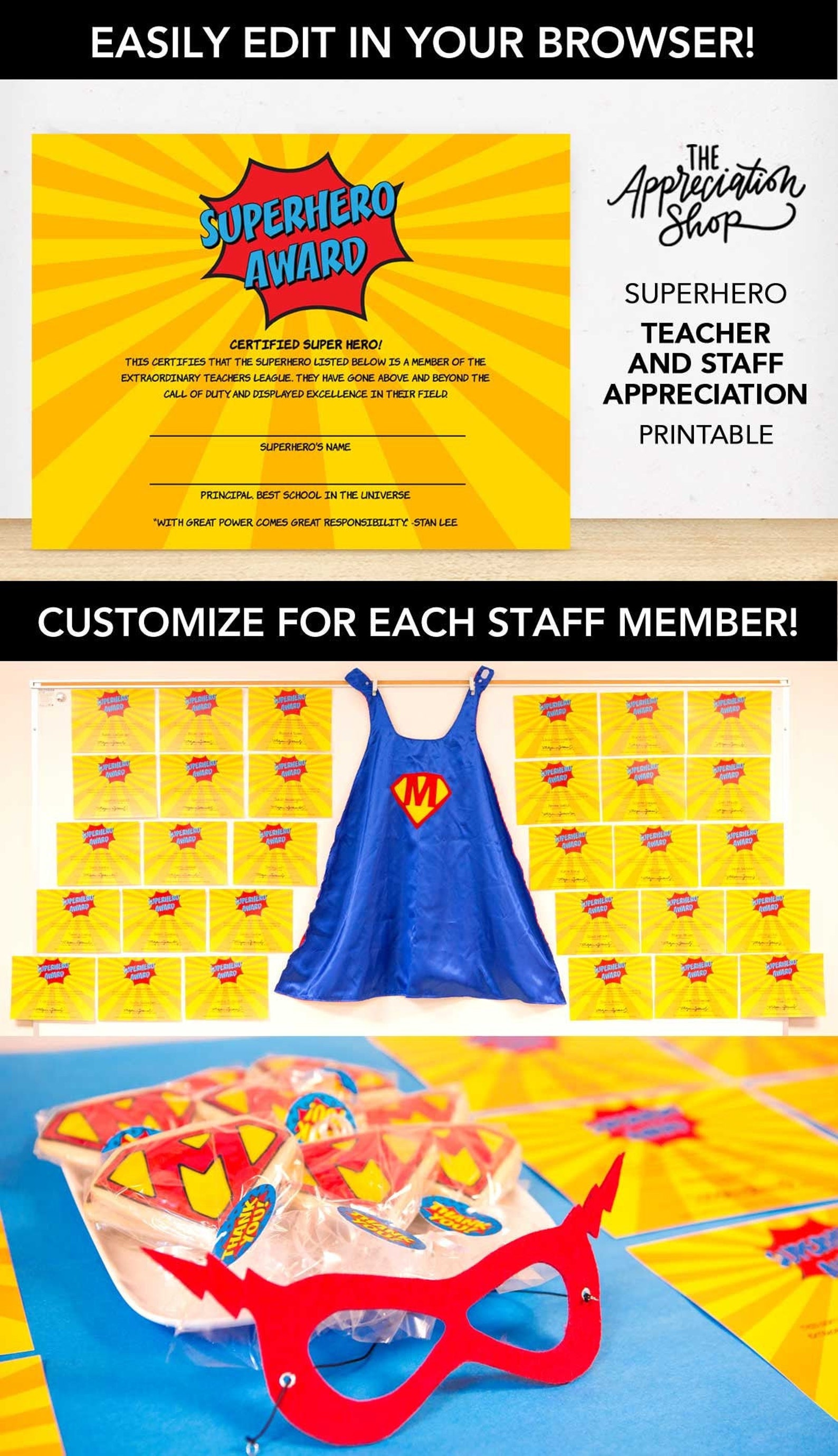 EDITABLE Superhero Award Teacher and Staff Appreciation Week Printables ...