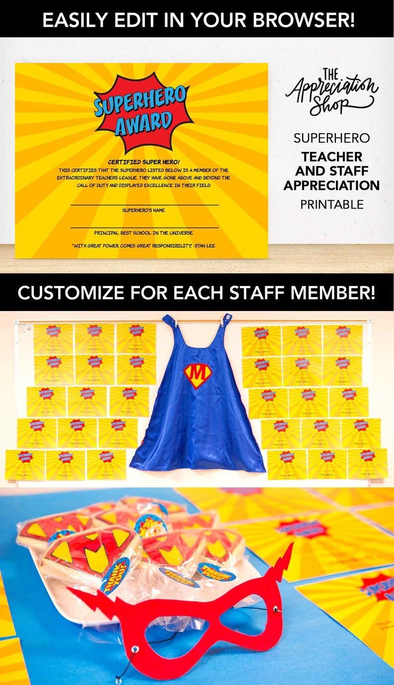 EDITABLE Superhero Award Teacher and Staff Appreciation Week Printables ...