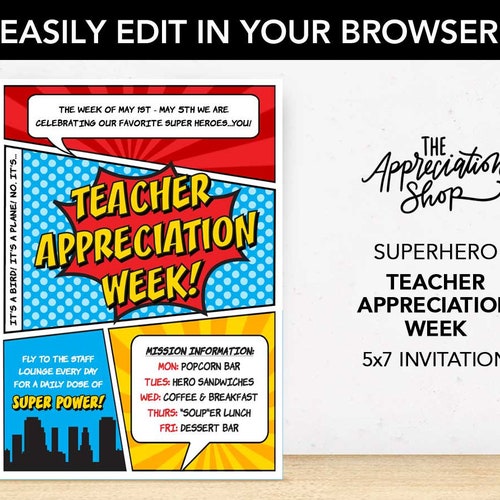 EDITABLE Superhero Teacher Appreciation Week Itinerary Poster - Etsy