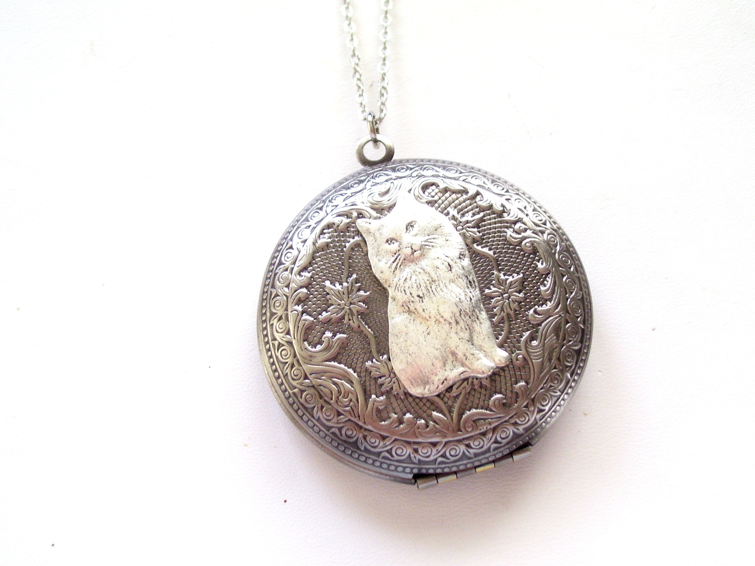 Huge Silver Cat Locket Art Nouveau Locket Embossed Victorian | Etsy