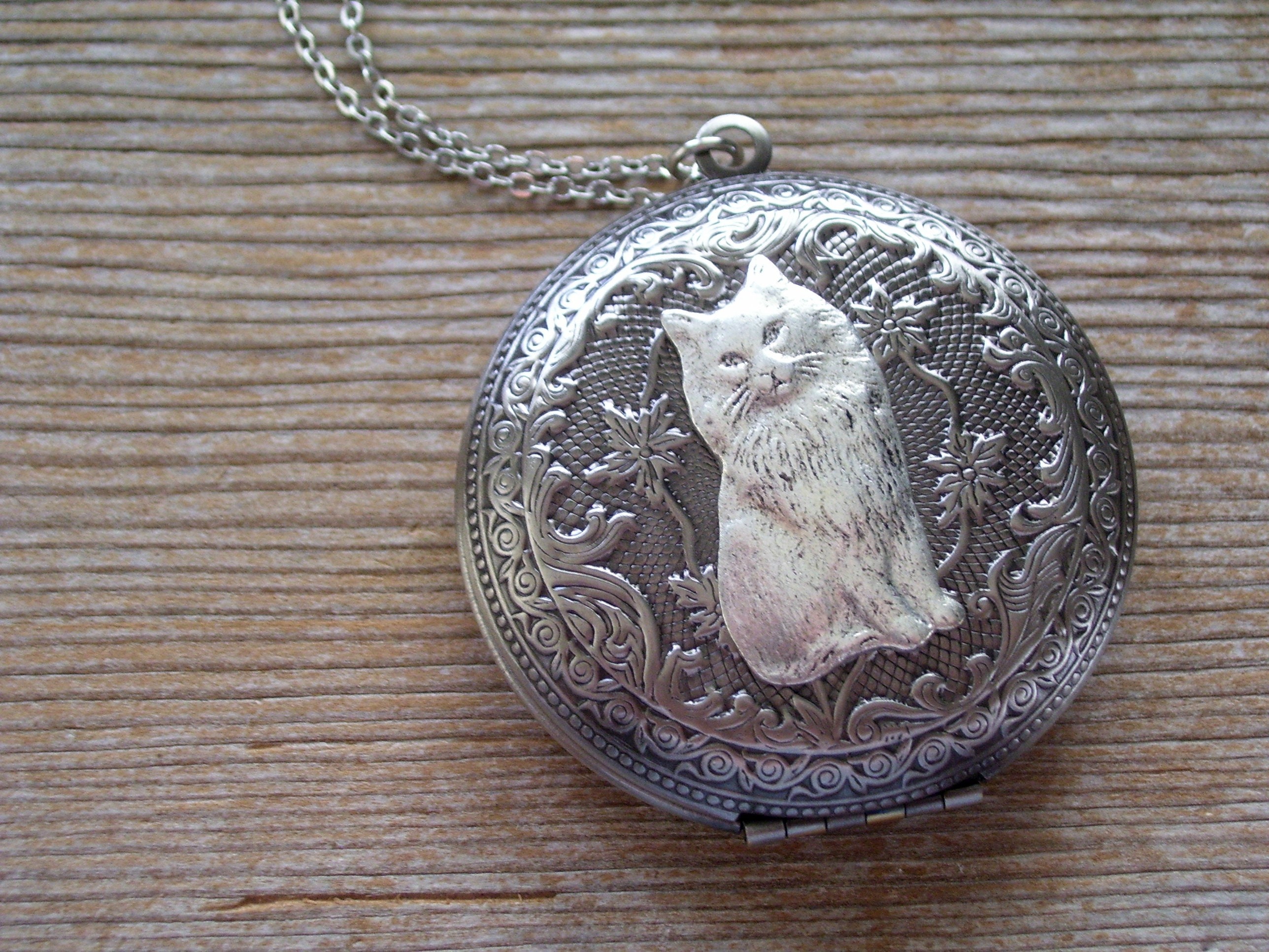 Huge Silver Cat Locket Art Nouveau Locket Embossed Victorian | Etsy