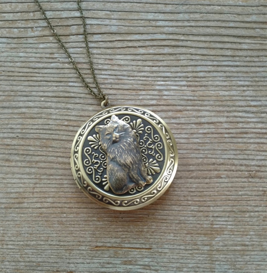 Large Brass Cat Locket, Victorian Cat Locket Necklace, Bronze Cat ...