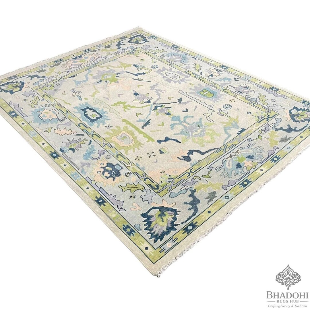 Oushak Style Hand Knotted Rug, Handmade Turkish Wool Area Rug, Pastel ...