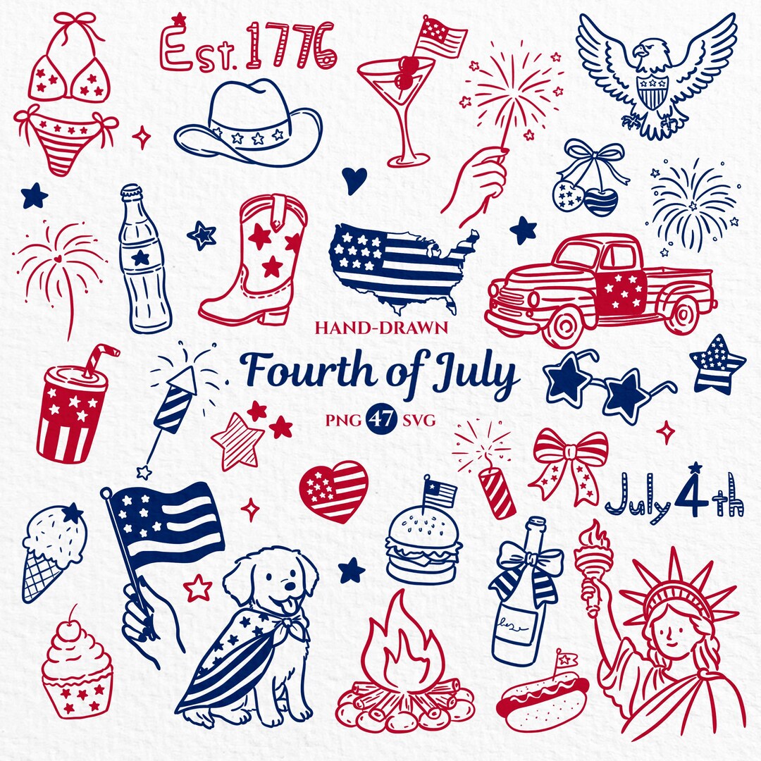 USA 4th of July Doodle Line Clipart , Handdrawn American Patriotic PNG ...