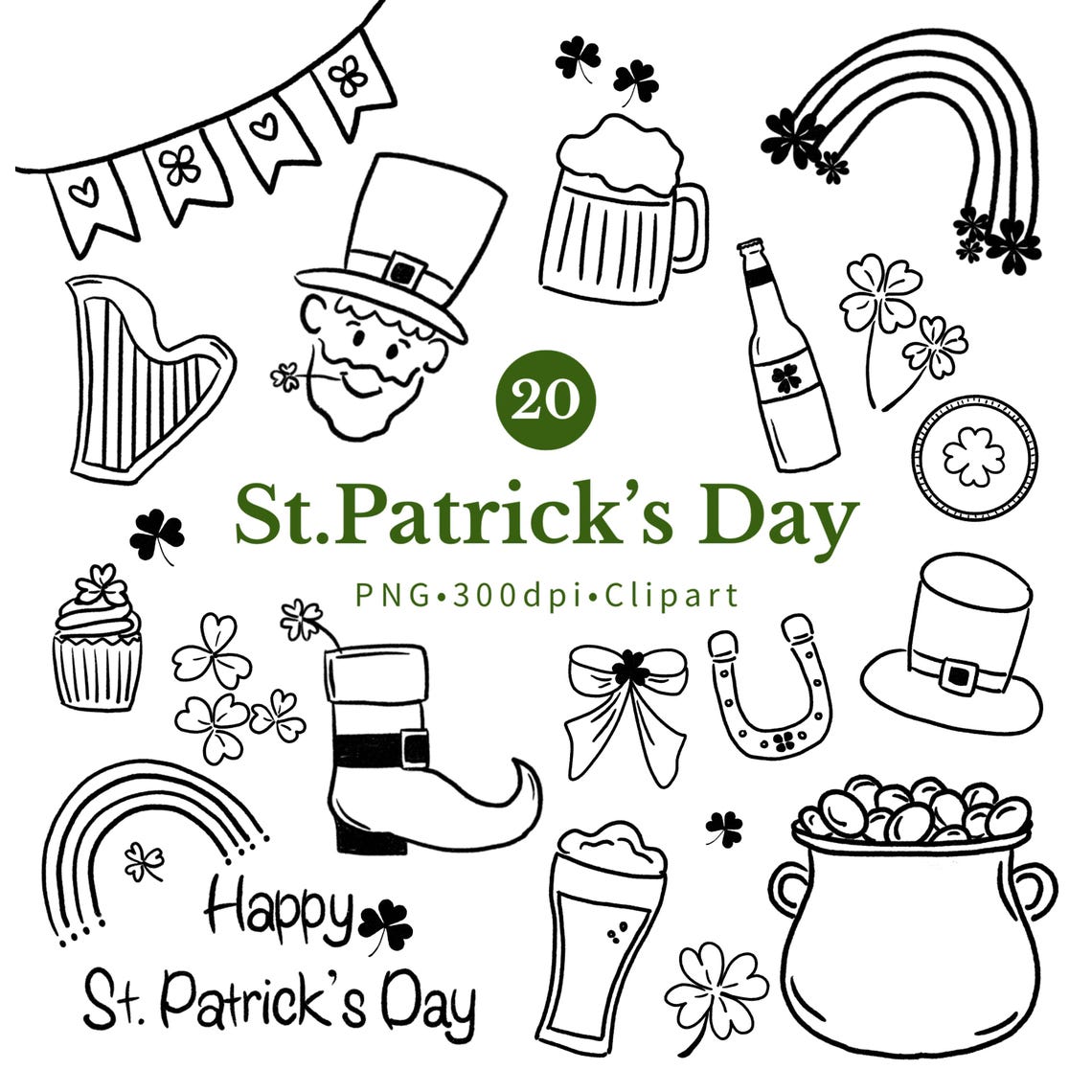 St. Patrick’s Day Line Art Clipart | Hand Drawn Irish Icons | Green ...