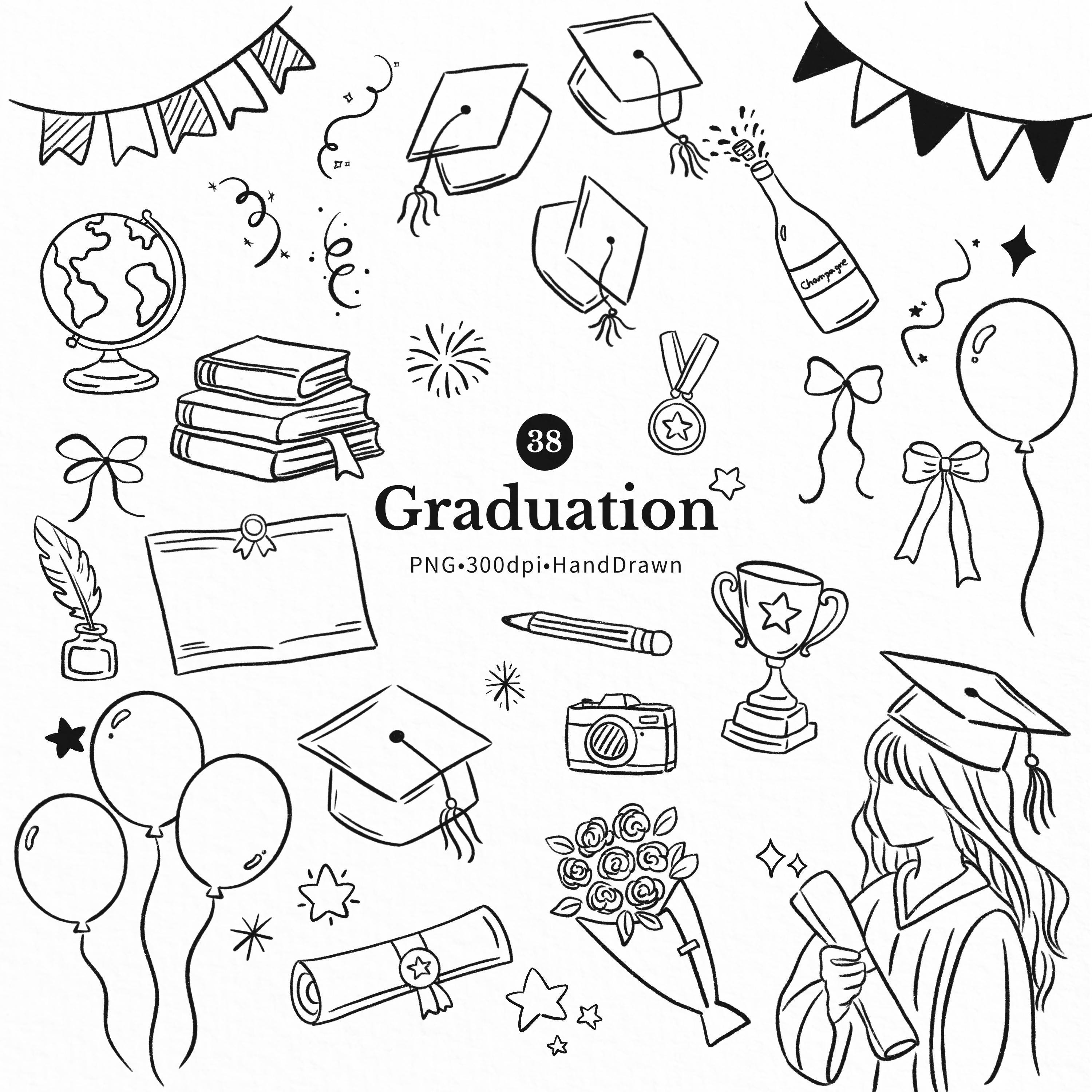 Hand Drawn Graduation Doodle Clipart, 38 PNG Bundle, Ink Sketch Line ...