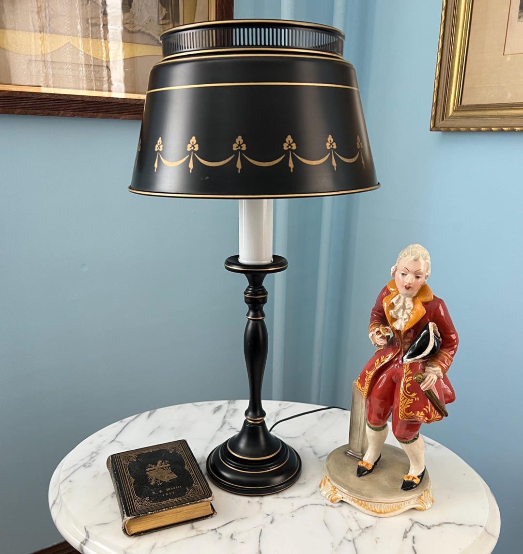 Vintage Black & Gold Tole Lamp: Metal Shade With Neoclassical Swag ...