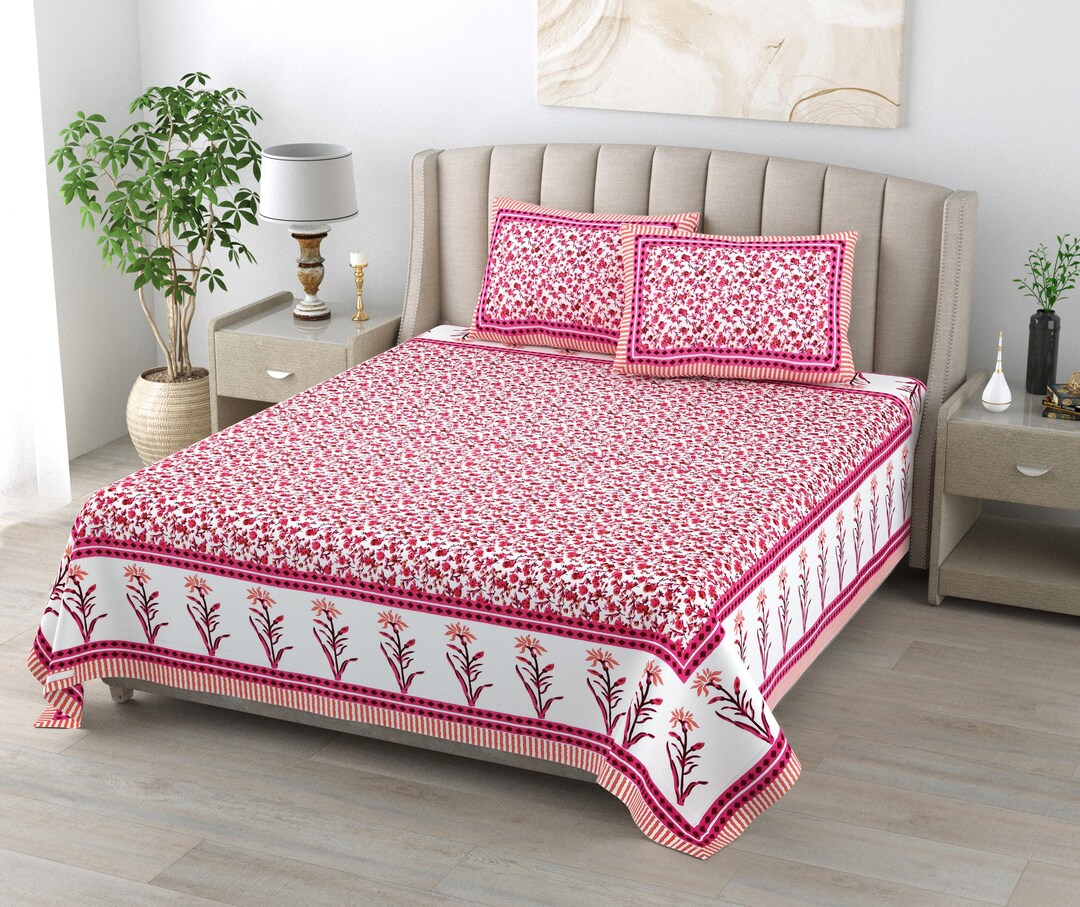 Hand Block Print Cotton Bed Sheet: Floral Boho King Flat Sheet (90"x108 ...