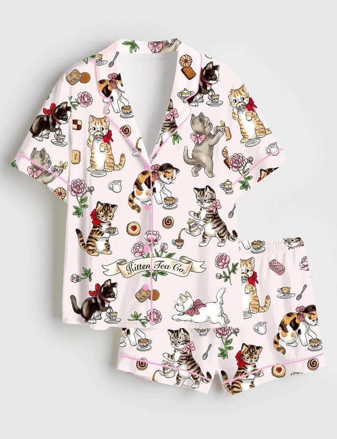 Cat Tea Party Satin Pajama Set, Pink Print Sleepwear - Etsy