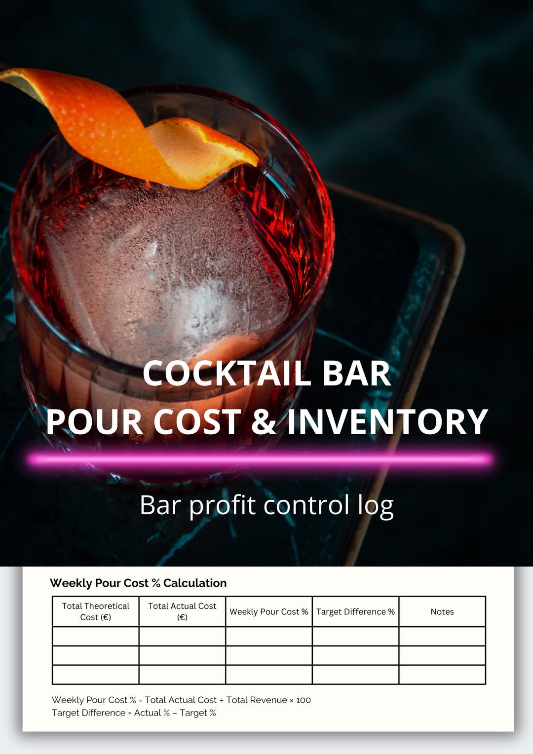 Cocktail Bar Pour Cost Log | Bar Inventory Waste Tracker | Bar Profit ...