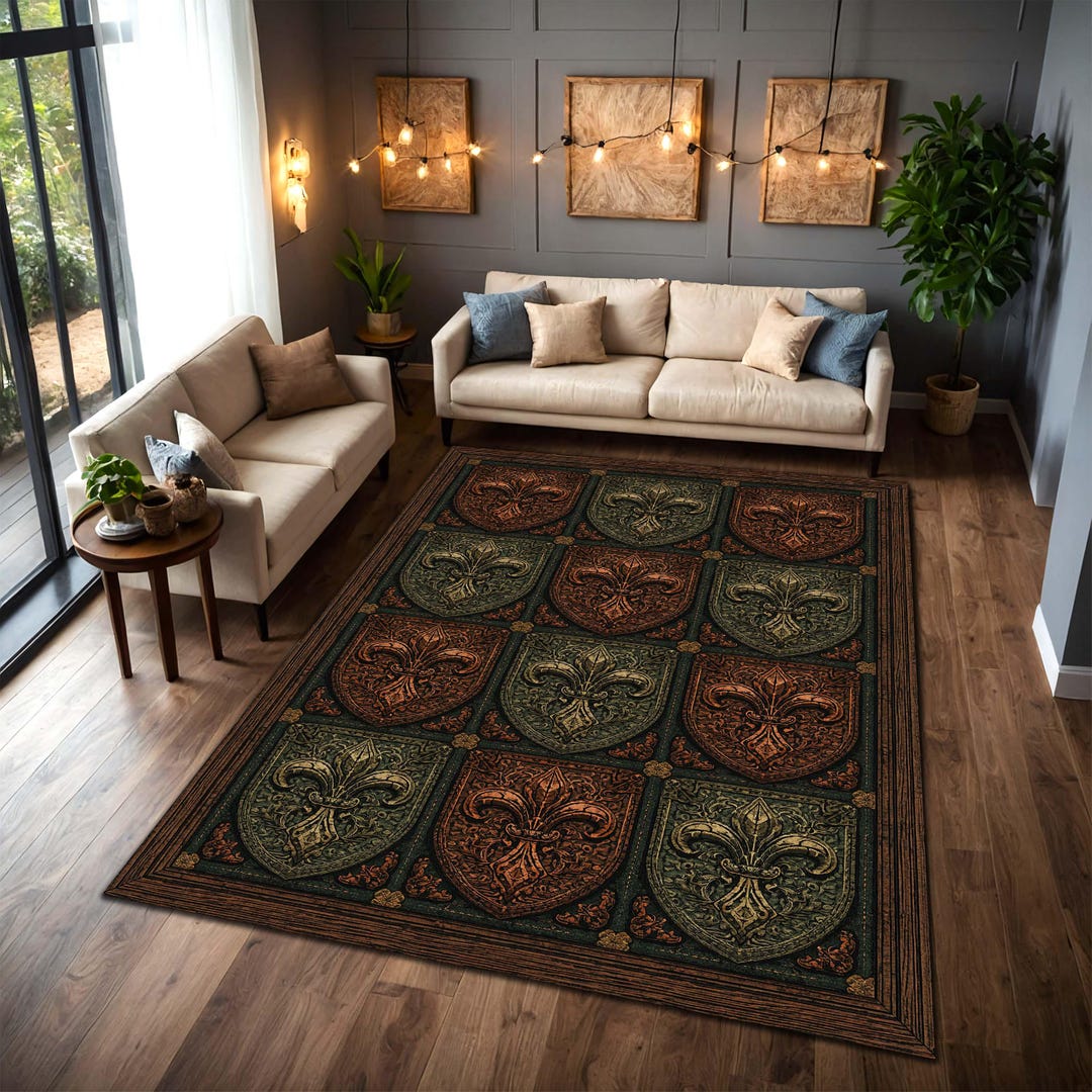 Medieval Fleur De Lis Crest Area Rug, Rustic Green & Burnt Orange ...