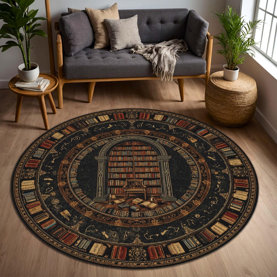 Dark Academia Library Round Rug, Bookish Gothic Circle Area Rug ...