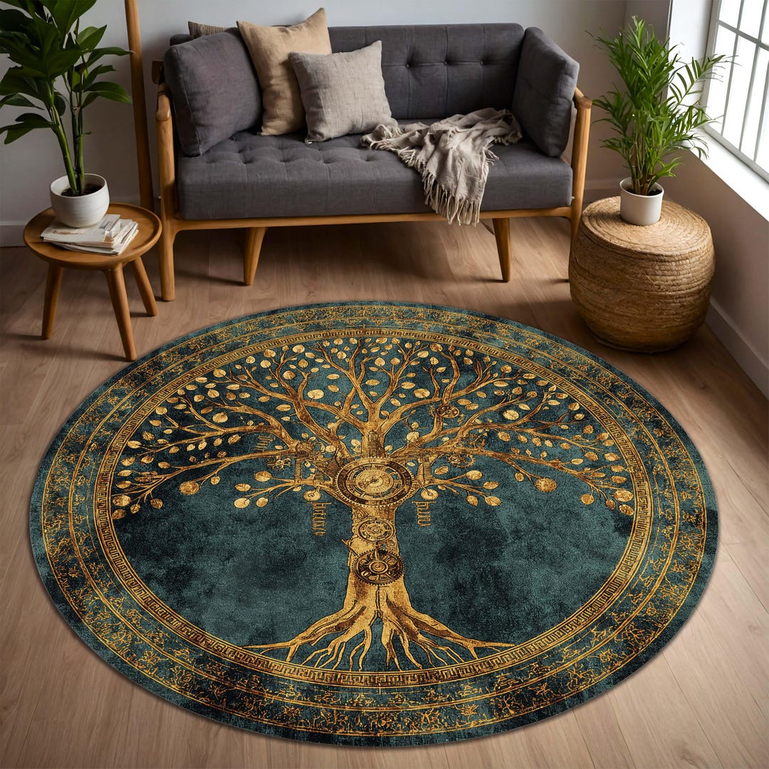 Steampunk Tree of Life Round Rug, Teal Gold Clockwork Mandala Circle ...