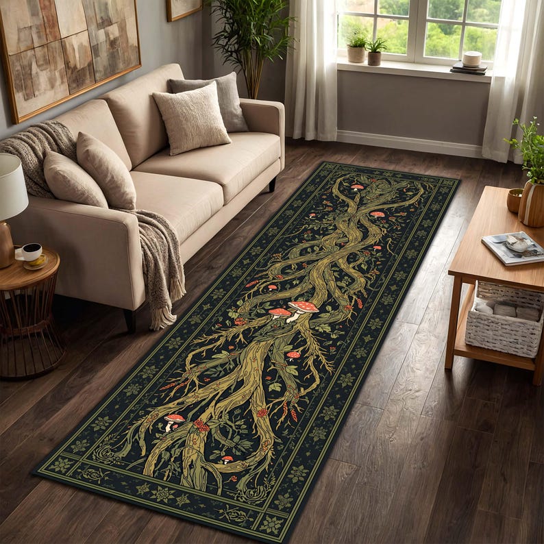 Forest Roots Runner Rug, Dark Green Botanical Tree of Life Carpet ...
