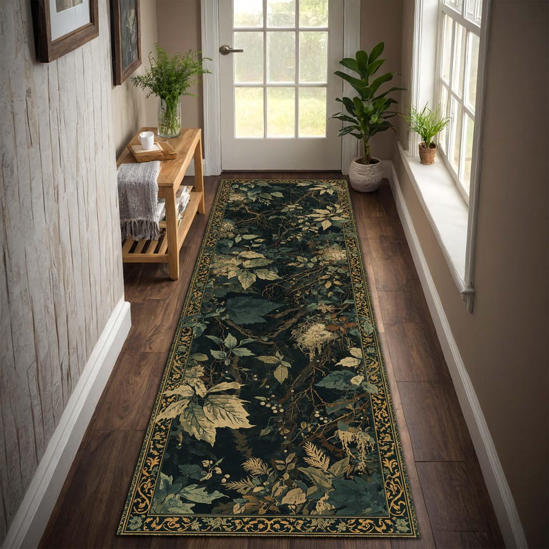 Dark Botanical Runner Rug, Forest Green Vintage Foliage Hallway Runner ...