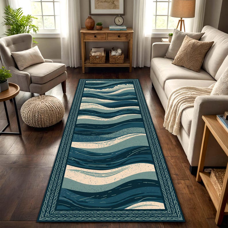 Ocean Wave Hallway Runner Rug, Blue Teal Coastal Nautical Carpet ...