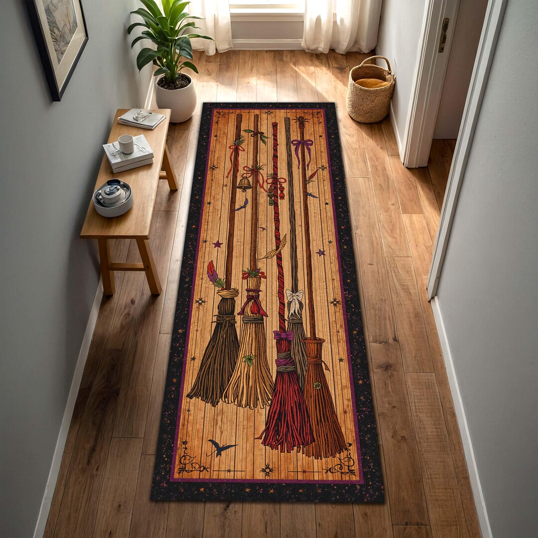 Witch Broomstick Hallway Runner Rug, Halloween Witchcore Magic Brooms ...