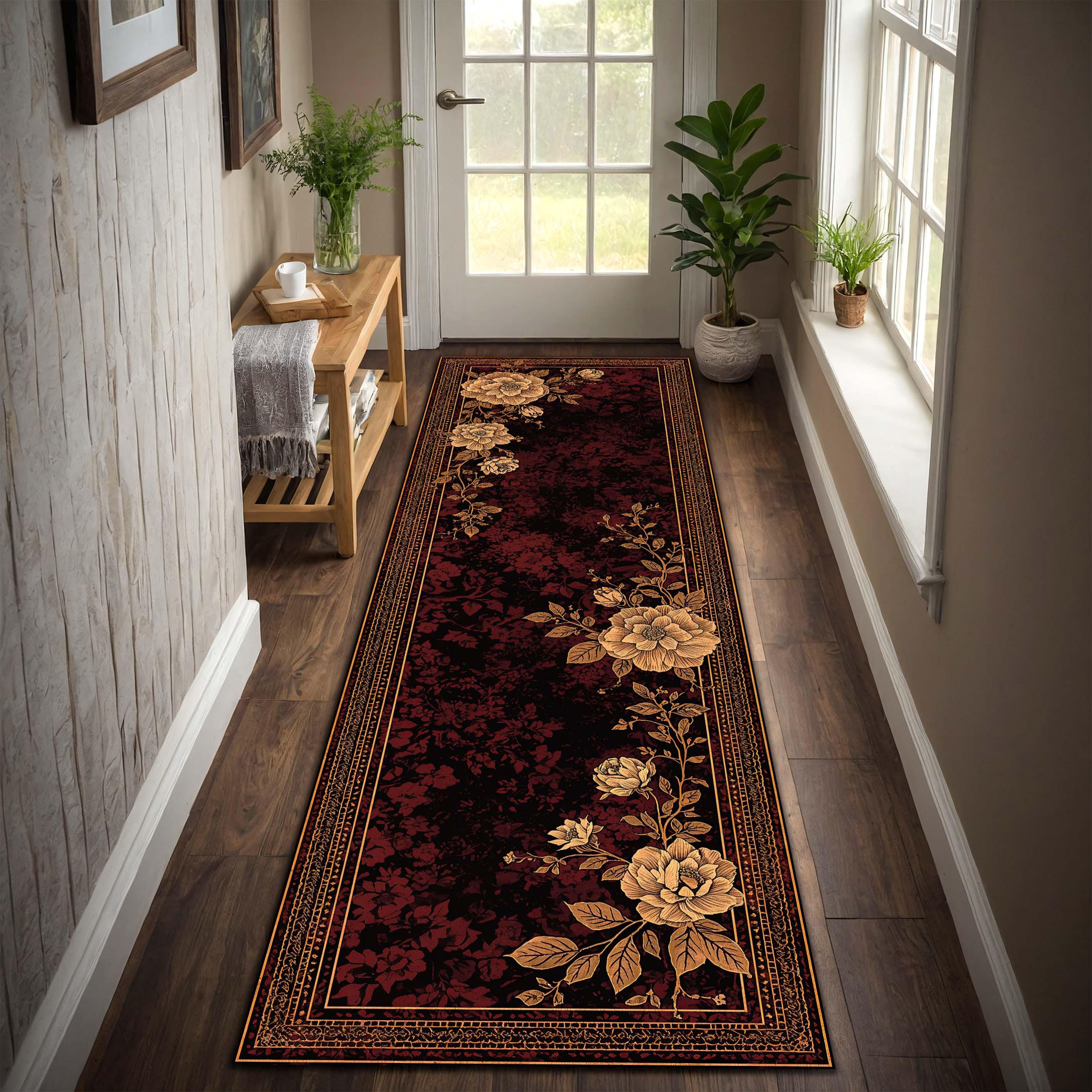 Vintage Burgundy Floral Runner Rug, Gothic Victorian Rose Hallway ...