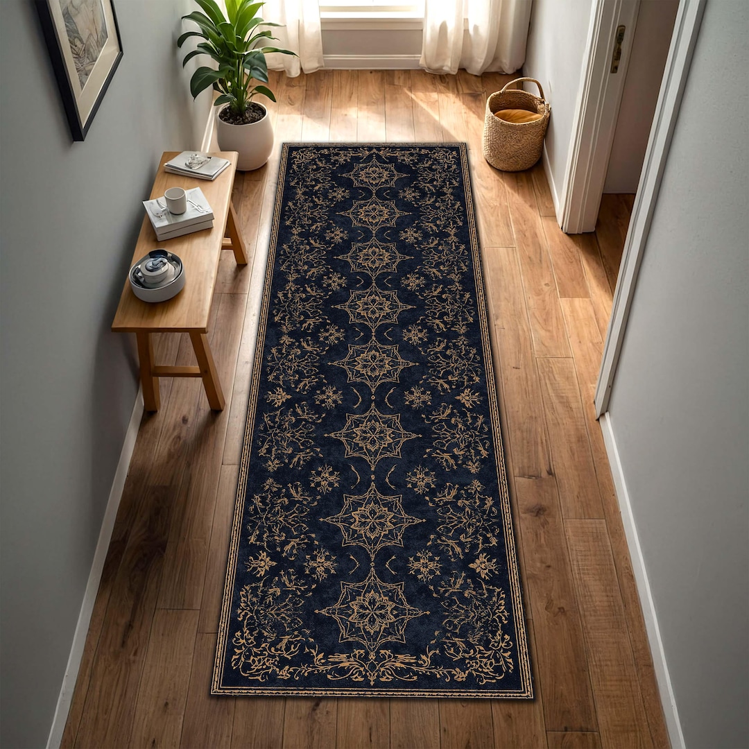Navy Gold Gothic Hallway Runner Rug, Dark Academia Baroque Star ...