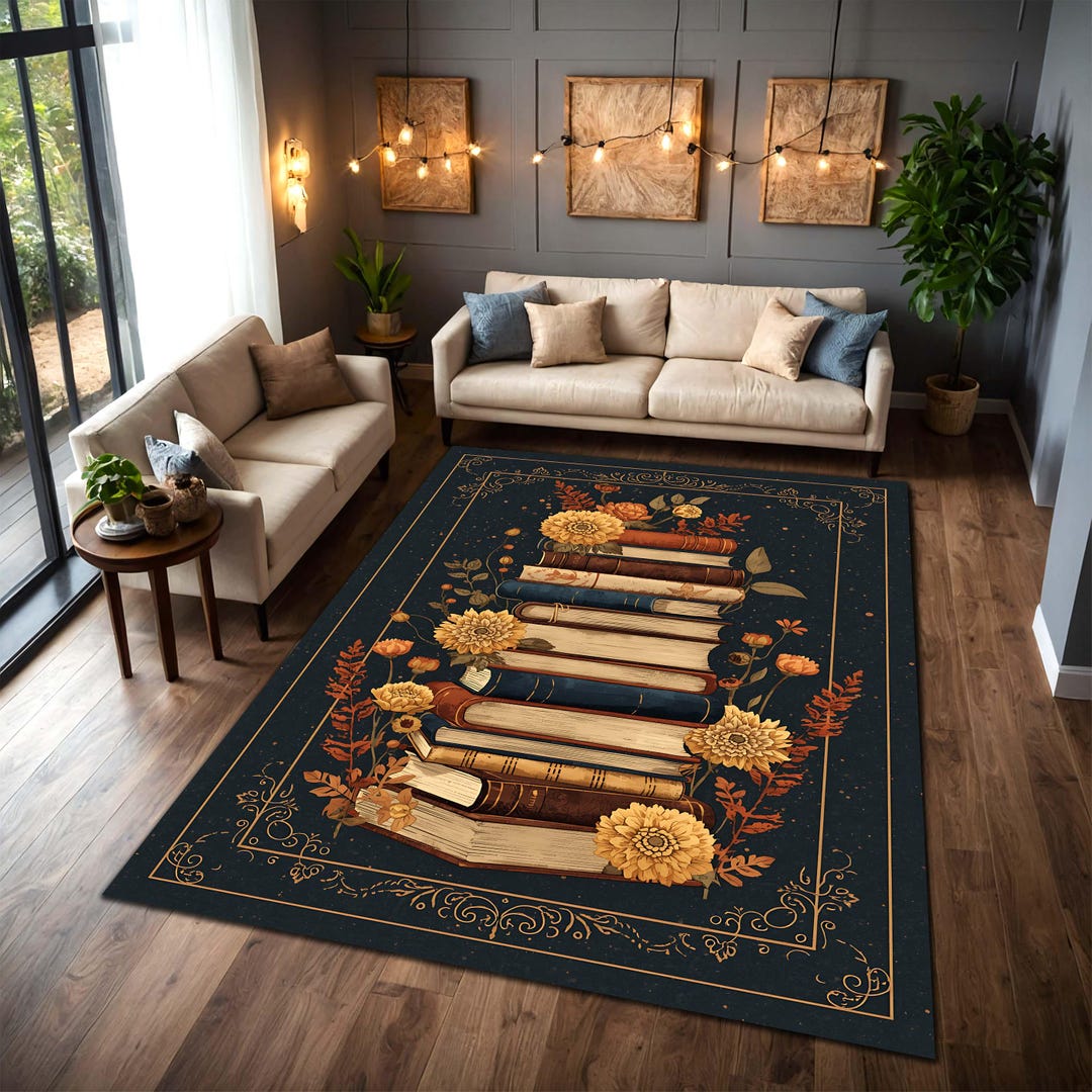 Dark Academia Book Stack Rug, Vintage Library Botanical Floral Carpet ...