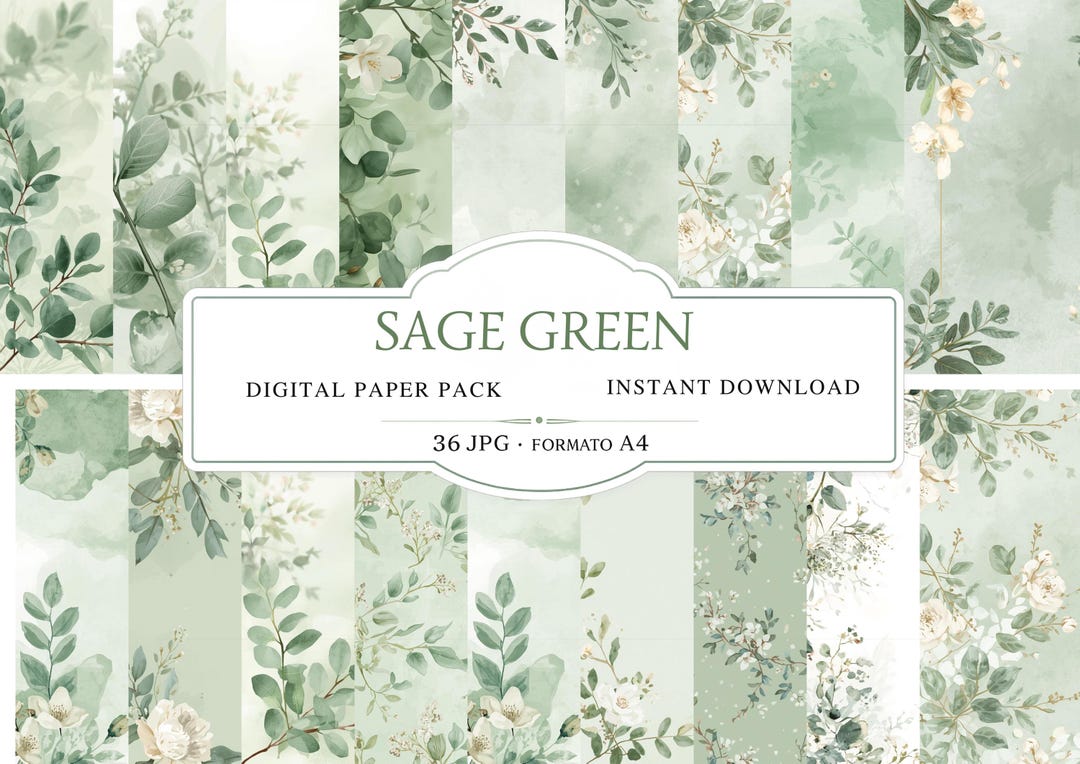 Sage Green Watercolor Digital Paper Pack, 36 A4 Botanical Backgrounds ...