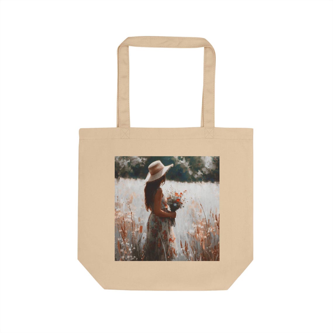 Be Still Floral Photo Eco Tote Bag | Woman in Field, Boho Nature Print ...