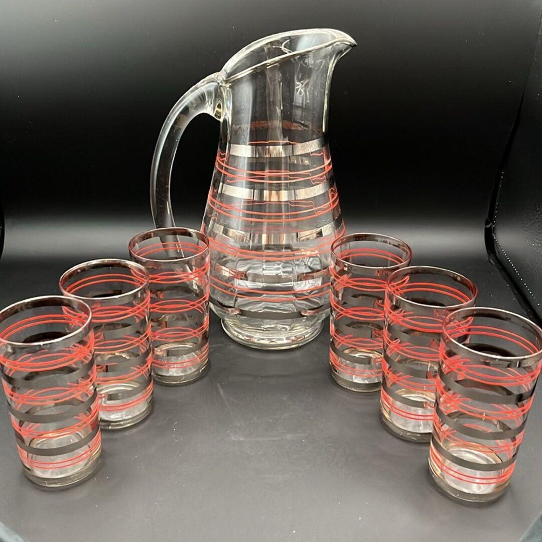 Set of Mid-century Modern Glass Pitcher and Six Glasses. Great Vintage ...