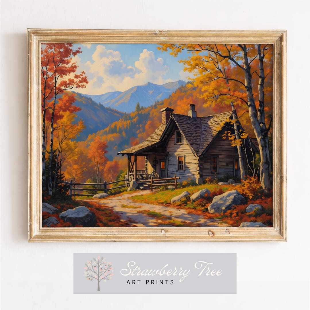 Rustic Log Cabin Autumn Landscape Art, Cozy Fall Graphic, Warm Country ...