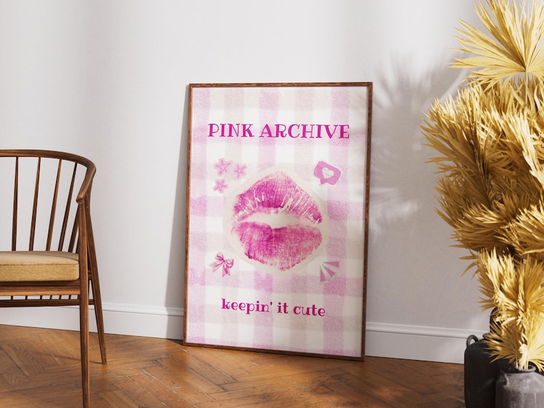 Pink Y2K Retro Kiss Art, Gingham Check Poster, Vintage Kitsch Print ...