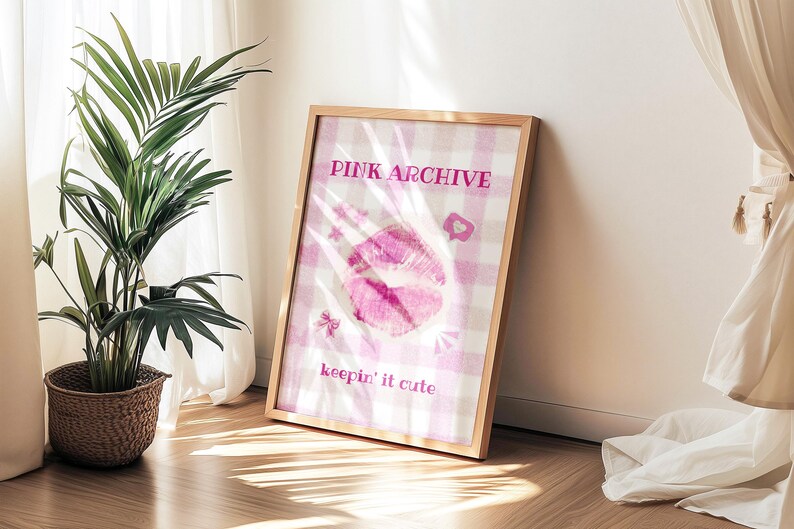 Pink Y2K Retro Kiss Art, Gingham Check Poster, Vintage Kitsch Print ...