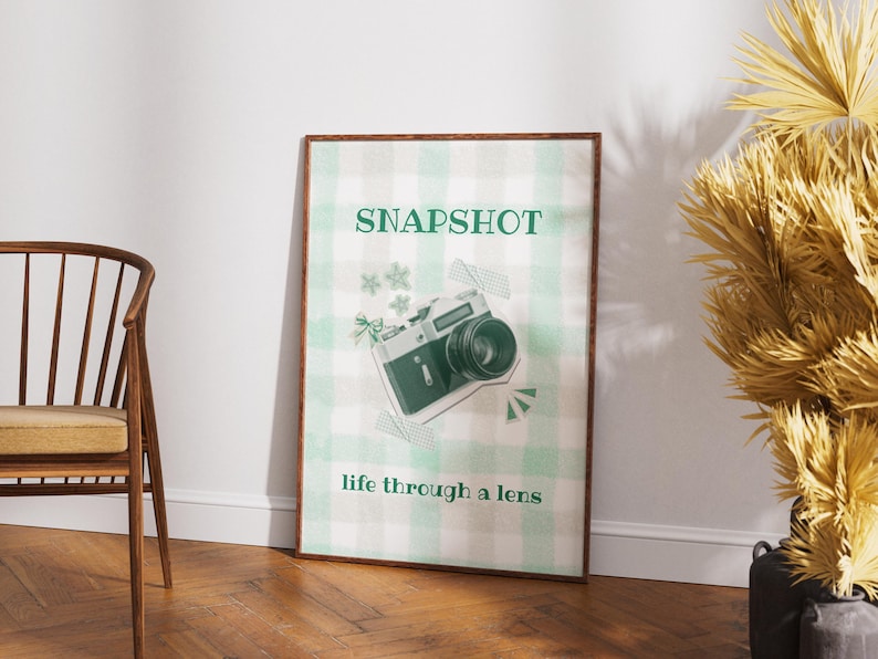 Green Y2K Retro Camera, Gingham Check Poster, Cottagecore Wall Art ...