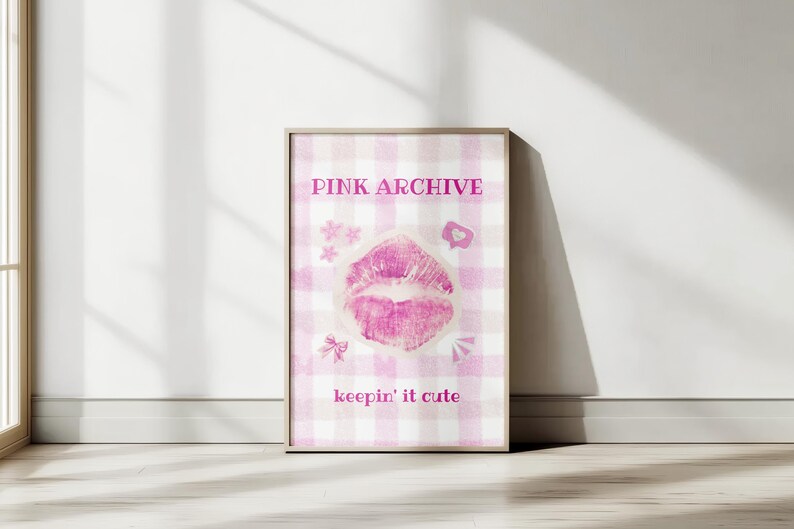 Pink Y2K Retro Kiss Art, Gingham Check Poster, Vintage Kitsch Print ...