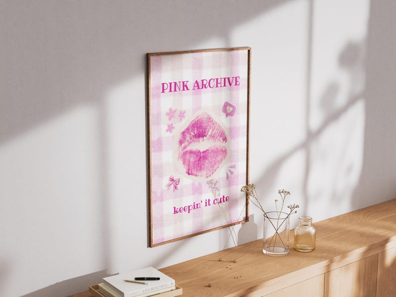 Pink Y2K Retro Kiss Art, Gingham Check Poster, Vintage Kitsch Print ...