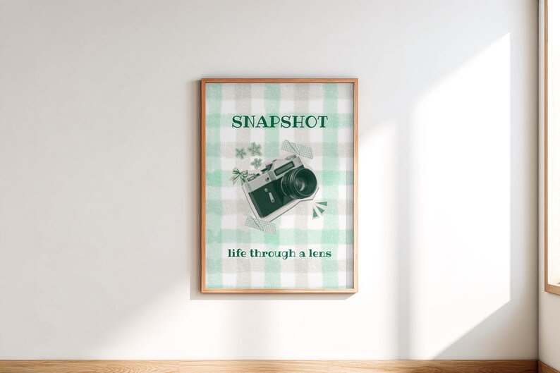 Green Y2K Retro Camera, Gingham Check Poster, Cottagecore Wall Art ...