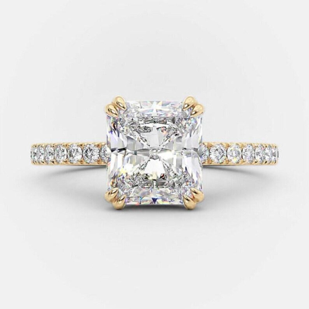 3.35 CT Radiant Cut Moissanite Solitaire • 14k Solid Yellow Gold ...